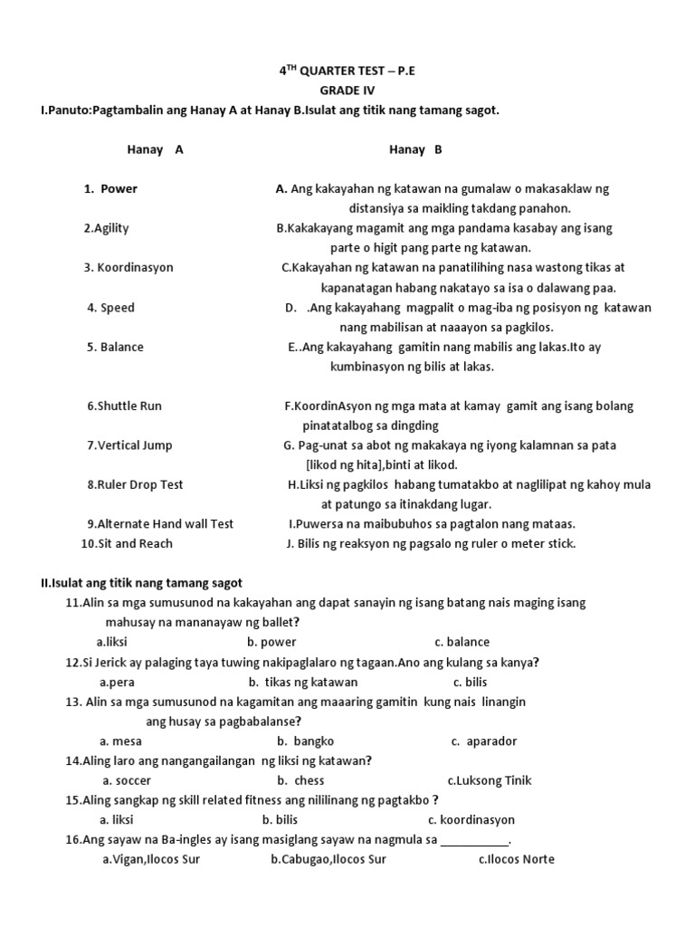 4th - Quarter - Test - P.E.docx Filename UTF-8''4th Quarter Test P.E | PDF