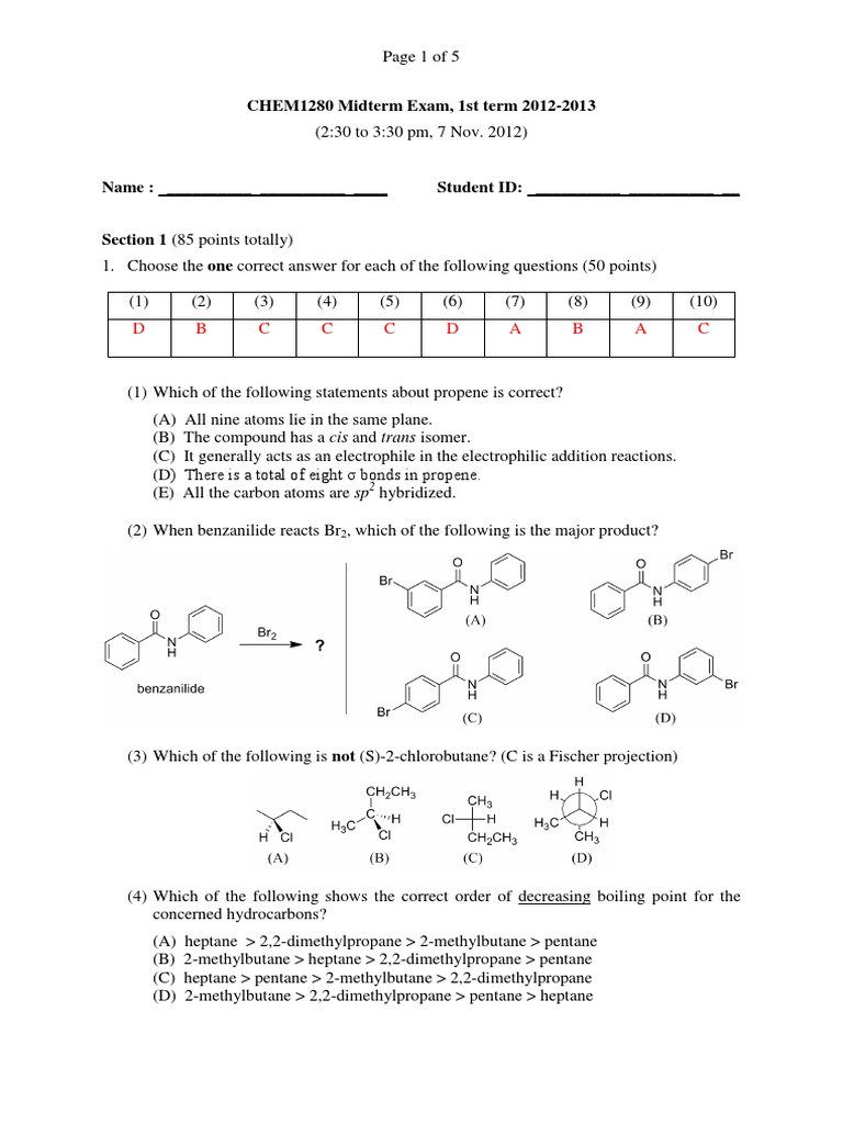 CHEM1280 2012 13 Midterm Exam Solution PDF | PDF | Isomer | Chemical ... CHEM1280 2012 13 Midterm Exam Solution PDF | PDF | Isomer | Chemical ...