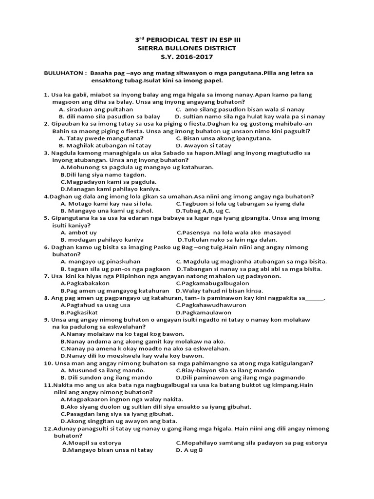 3rd Periodical Test in Esp III | PDF