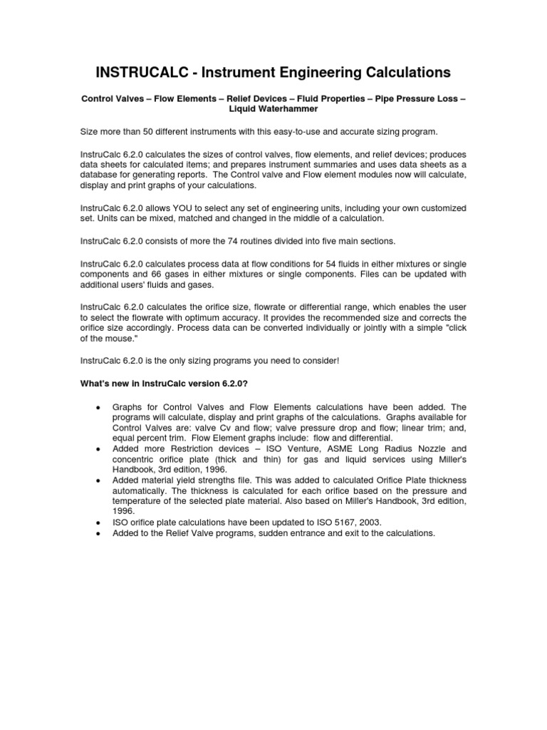 InstruCalc 6.2.0: Instrument Sizing Software | PDF | Valve | Fluid Dynamics