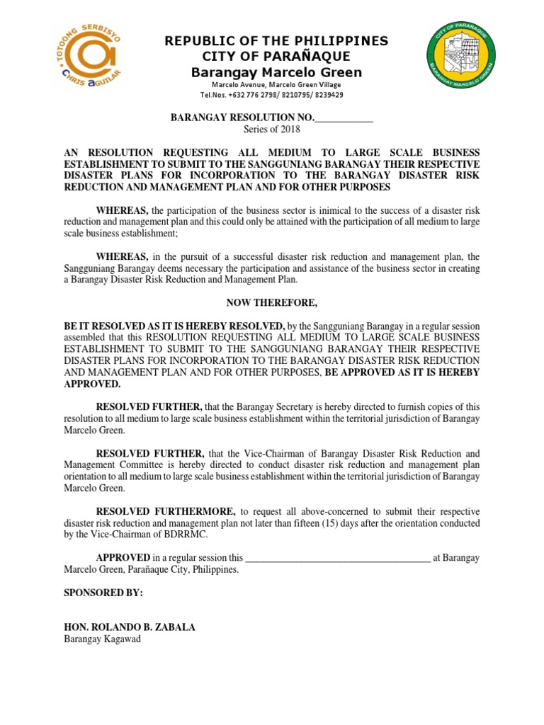 Business BDRRM Plan Resolution | PDF | Government | International Relations