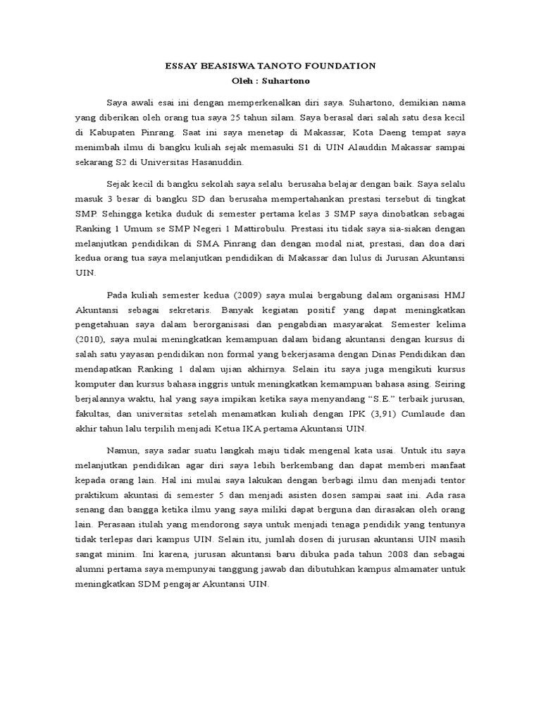 Essay Beasiswa Tanoto Foundation Suhartono S2 UNHAS | PDF