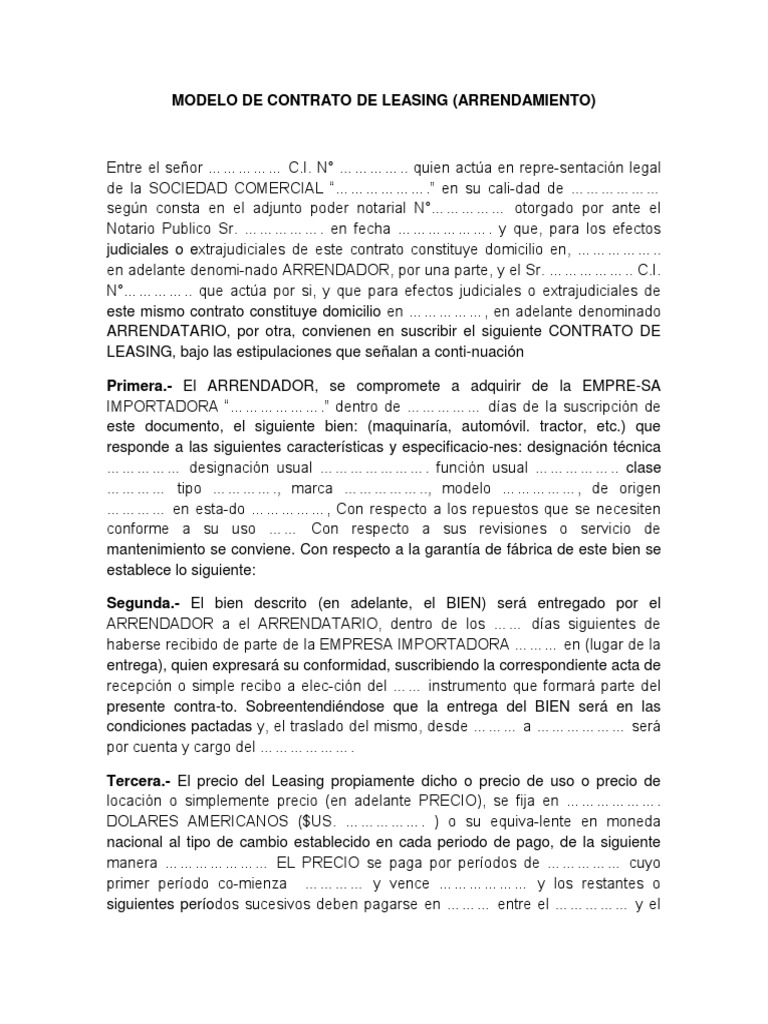 Modelo de Contrato de Leasing | Arrendamiento | Precios