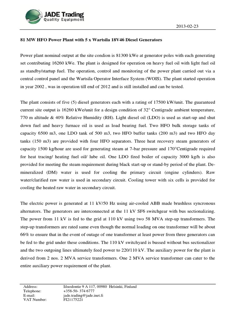 Wartsila 5 X 18v46 Hfo Power Plant-1 | PDF | Fuel Oil | Diesel Engine