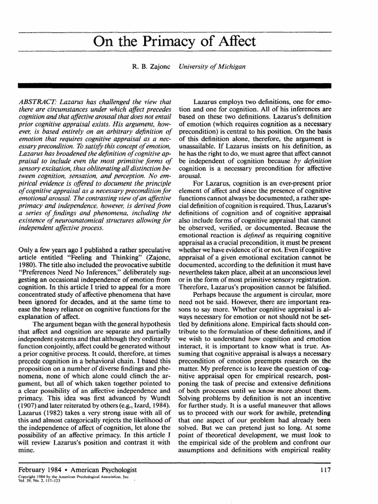 Zajonc PDF | PDF | Affect (Psychology) | Emotions