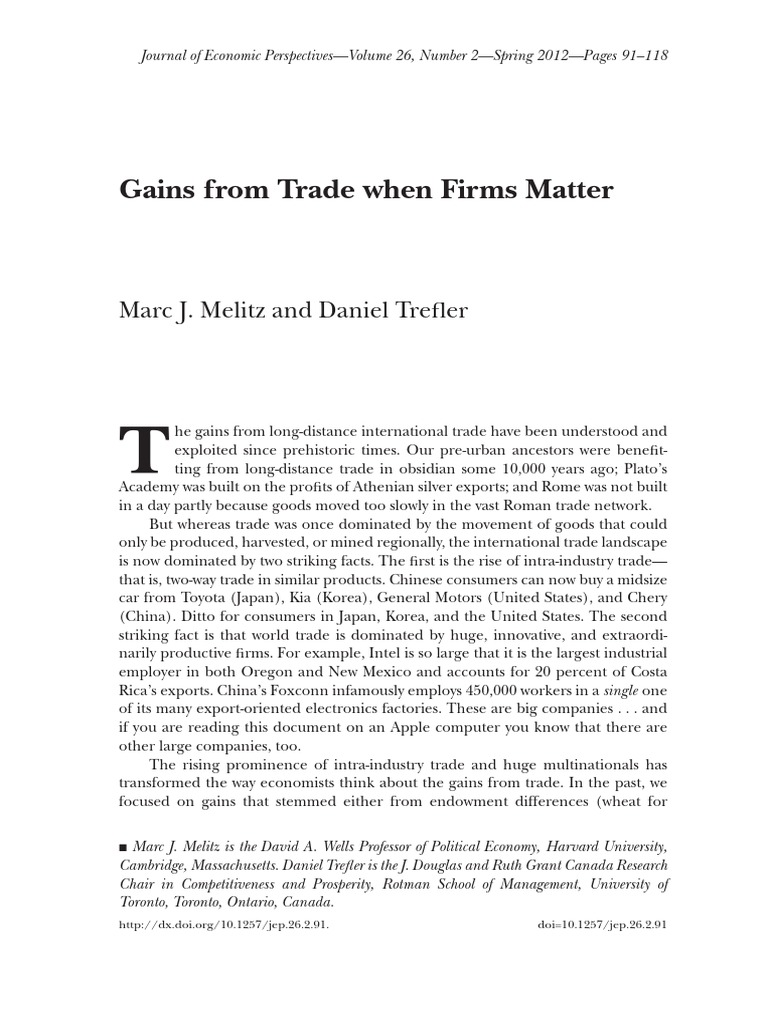 Gains From Trade When Firms Matter: Marc J. Melitz and Daniel Trefl Er | PDF | Marginal Cost ...