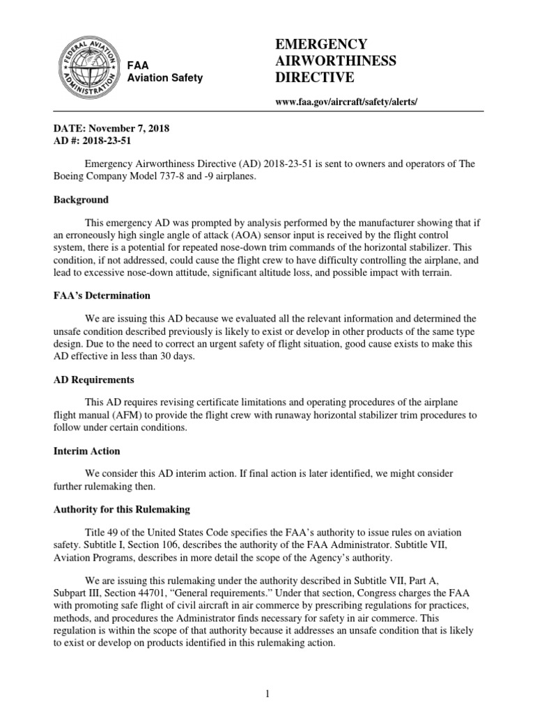 FAA Emergency Airworthiness Directive 2018-23-51 For Boeing 737 MAX ...