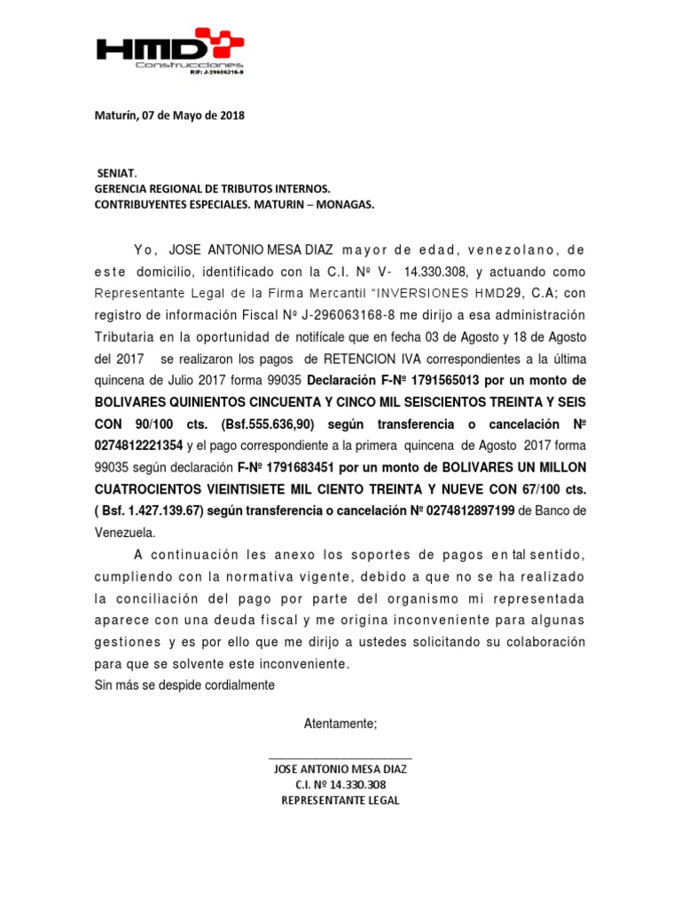 Carta para Seniat | PDF | Gobierno