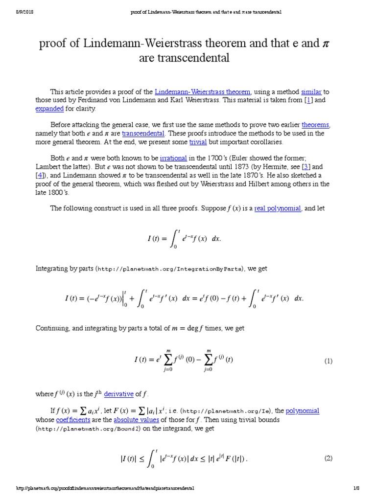 Proof of Lindemann-Weierstrass Theorem and That e and Are ...