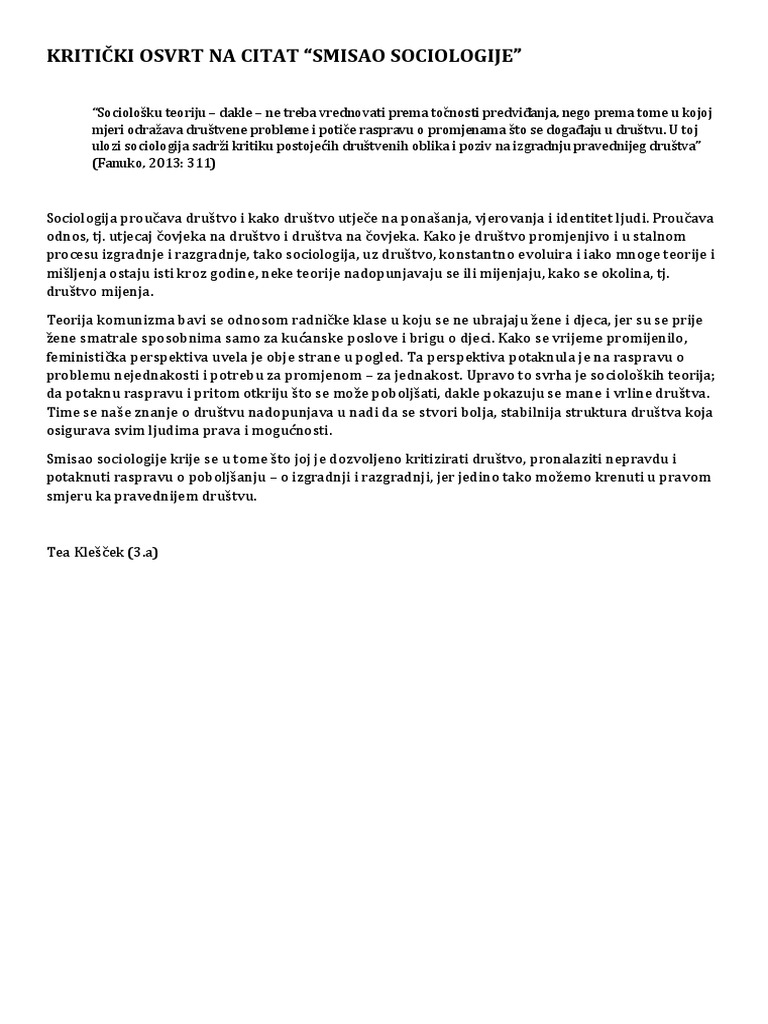 Kriticki Osvrt Na Smisao Sociologije | PDF