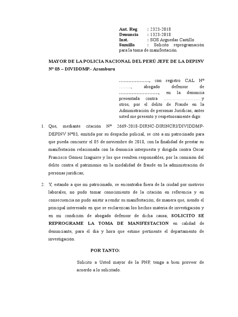 Escrito Solicitando Reprogramación - Policial | PDF