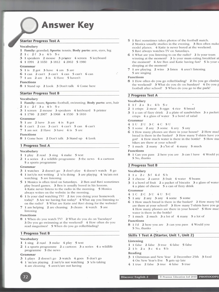 DISCOVER ENGLISH 2 Tests Answer Key | PDF