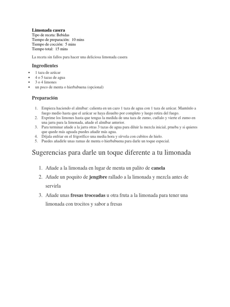 Receta de Limonada Casera Fácil | PDF
