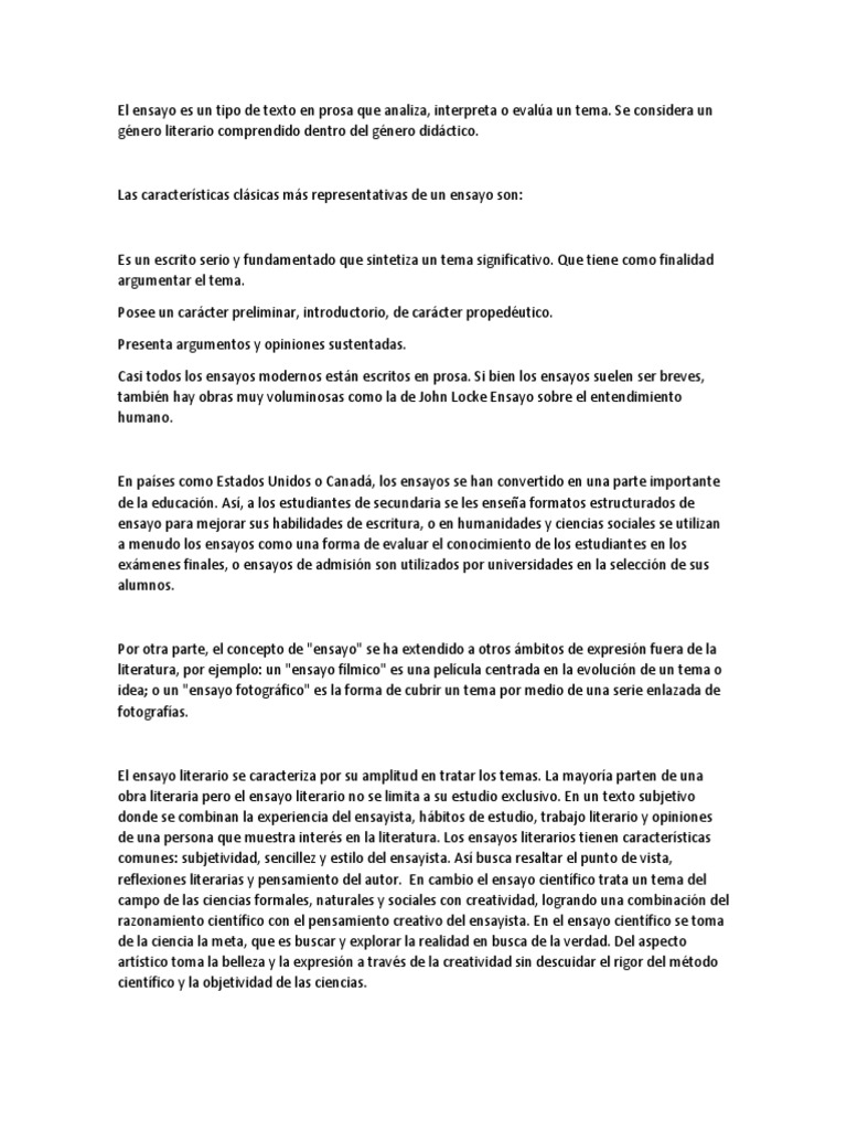 El Ensayo Es Un Tipo de Texto en Prosa Que Analiza