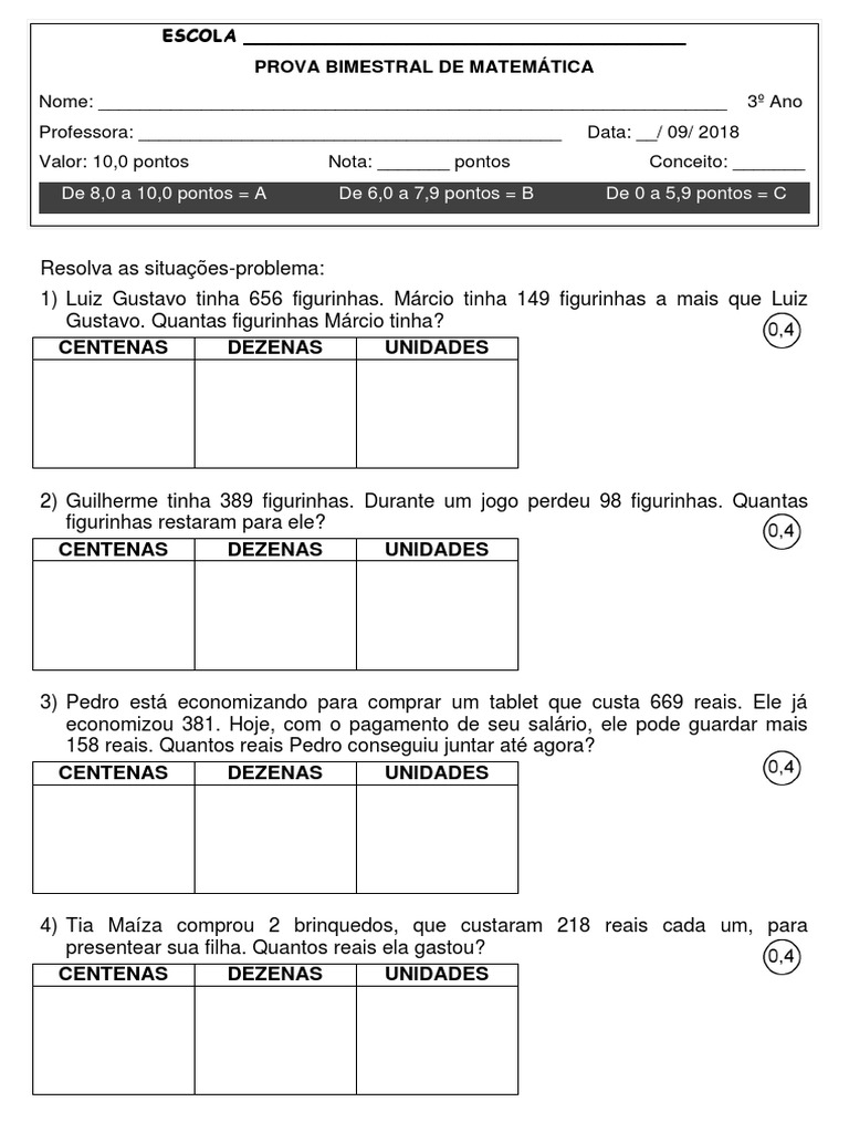 Modelo Prova Matematica 3 Ano | PDF | Ensino de Matemática