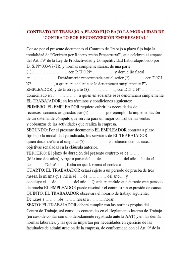 Contrato de Trabajo A Plazo Fijo Bajo La Modalidad de "Contrato Por Reconversión Empresarial ...