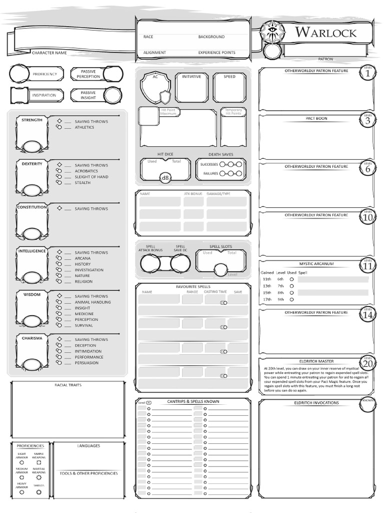 Dungeons and Dragons Class Character Sheet Warlock V1.3