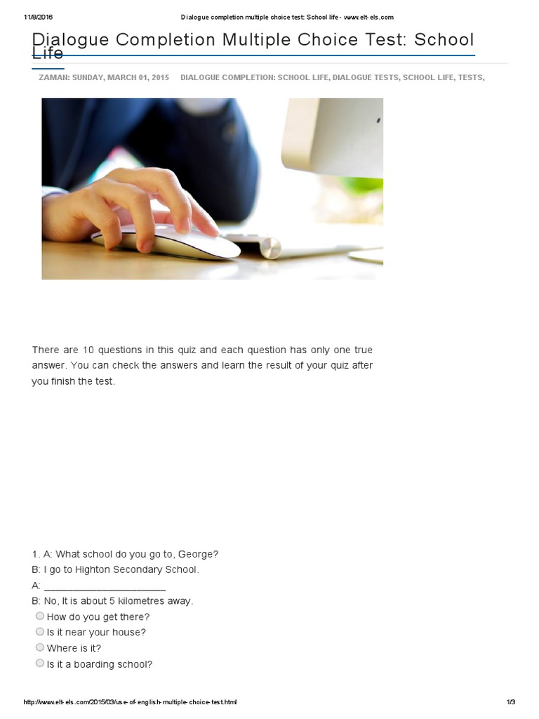 Dialogue Completion Multiple Choice Test - School Life - WWW - Elt-Els ...