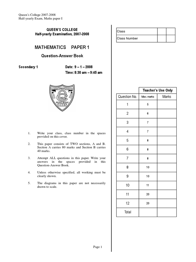 Mathematics Paper 1: Question-Answer Book | PDF | Interest | Sequence