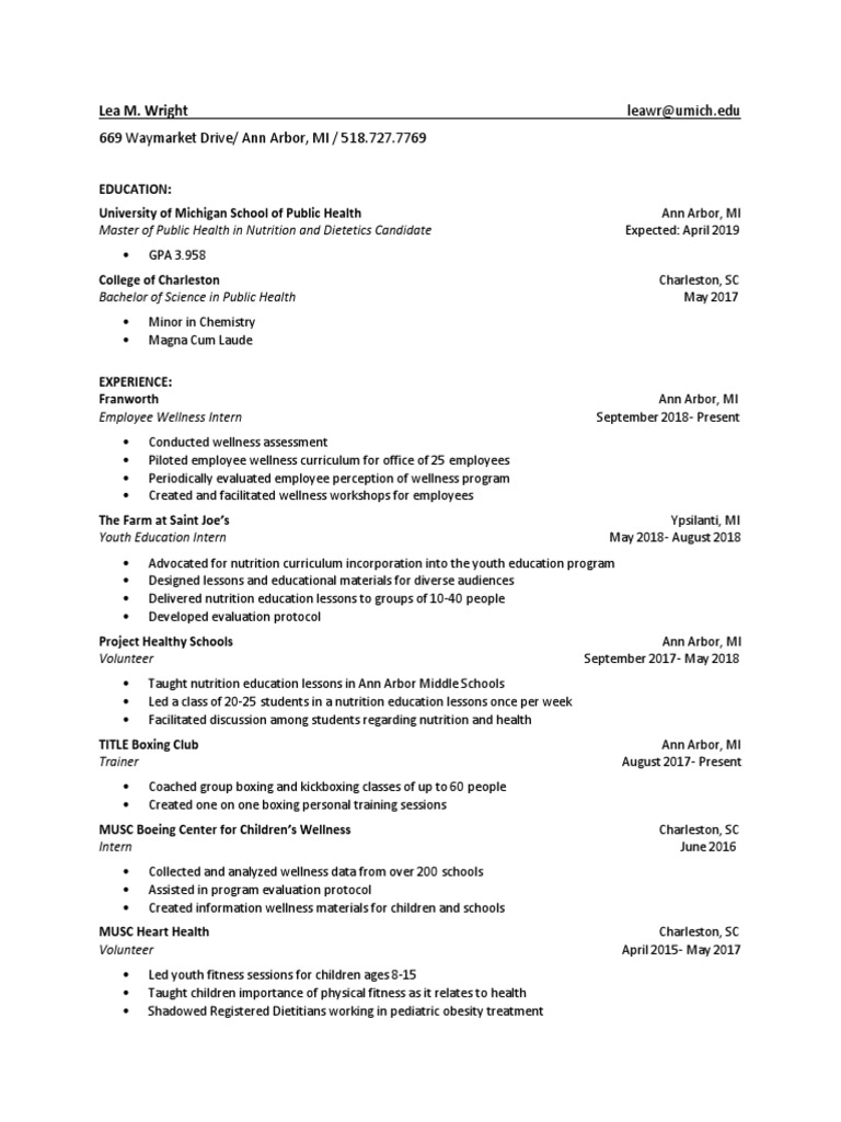 Lea Wright Resume | PDF | Dietitian | Quality Of Life