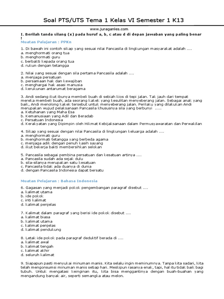 Soal UTS-PTS Tema 1 Kelas 6 Semester 1 K13 PDF | PDF