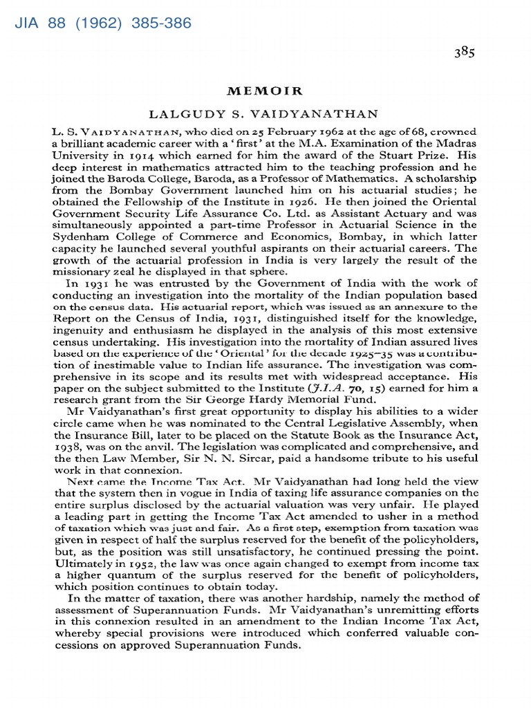 India's First Actuary: L.S. Vaidyanathan | PDF | Taxes | Insurance
