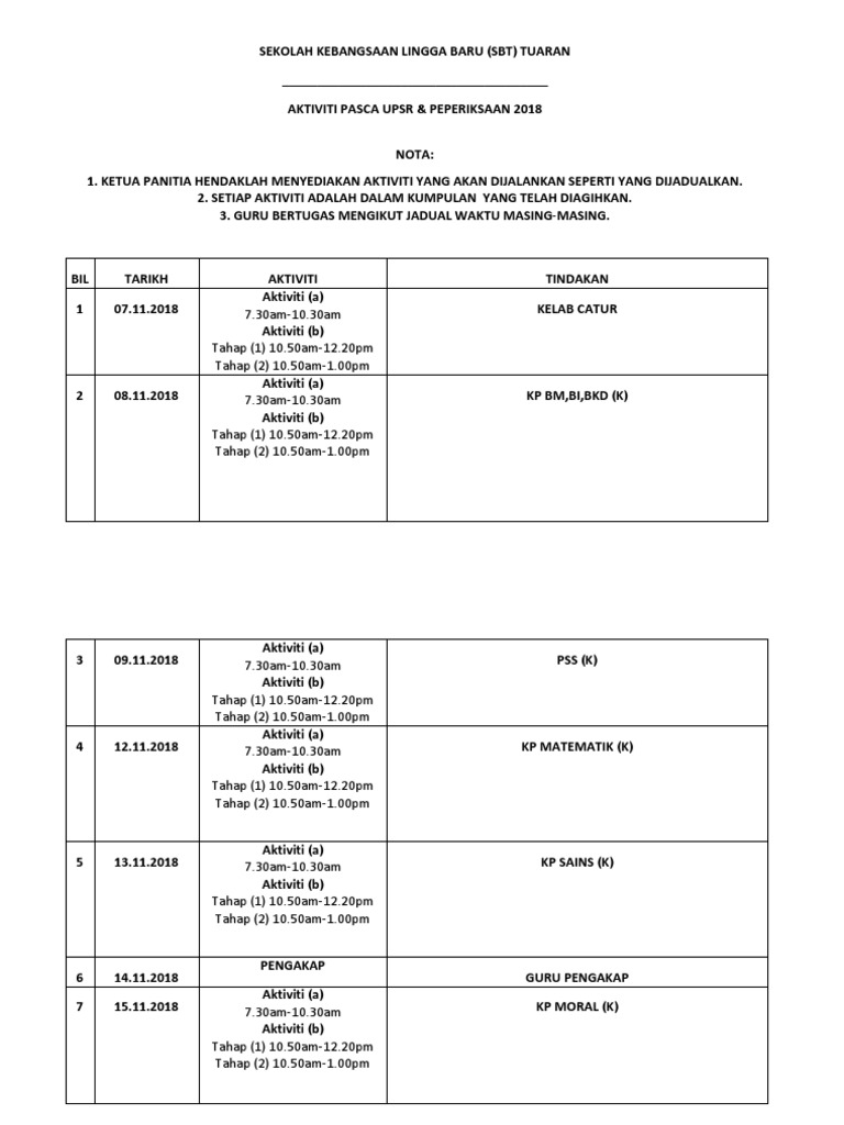 Contoh Jadual Aktiviti Pasca Upsr | PDF