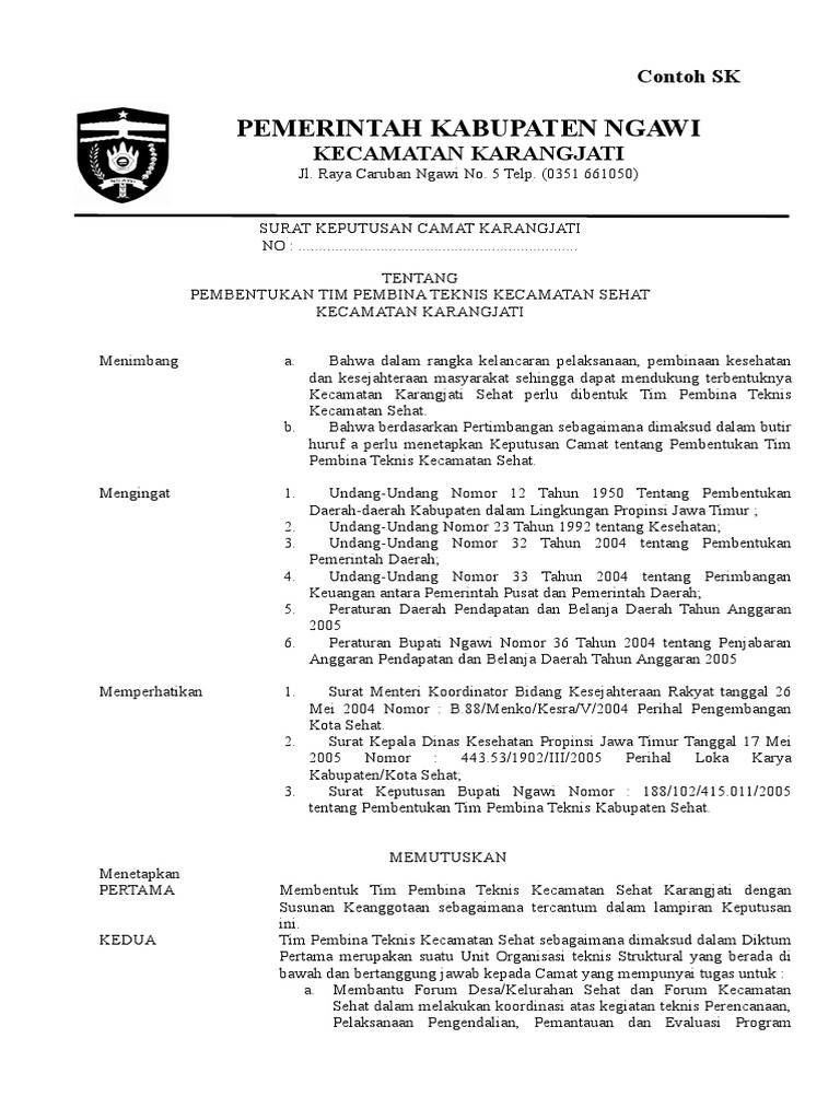 Contoh SK Tim Teknis Kecamatan Sehat | PDF