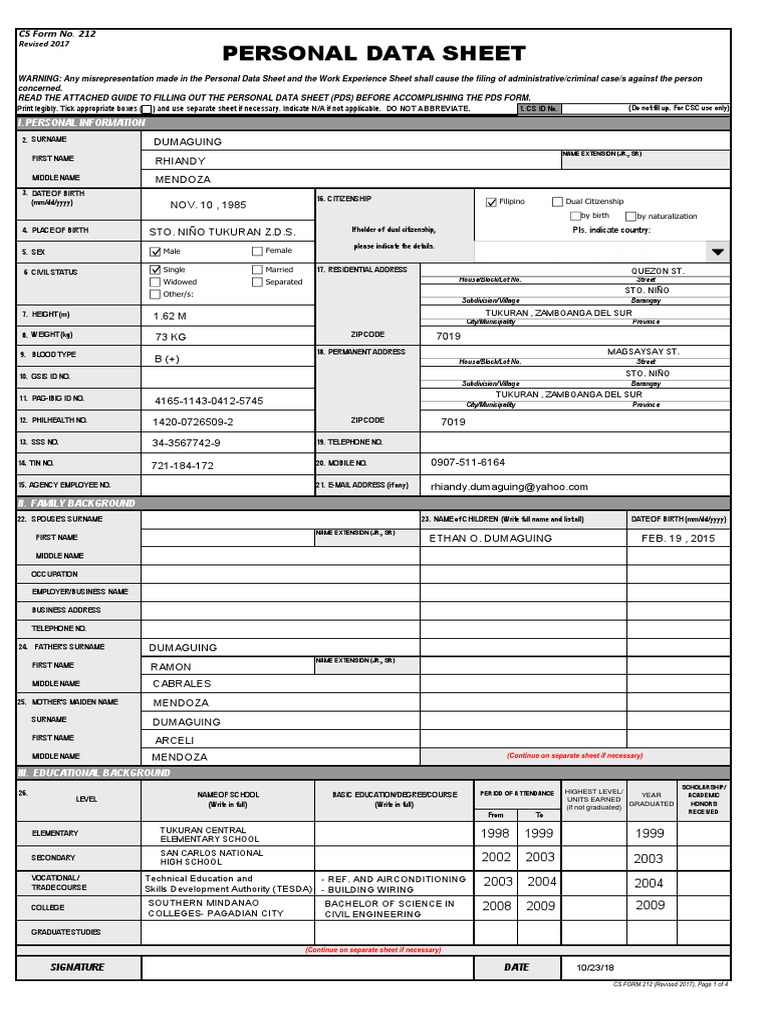 CS Form No. 212 Revised Personal Data Sheet New | PDF | Passport | Employment