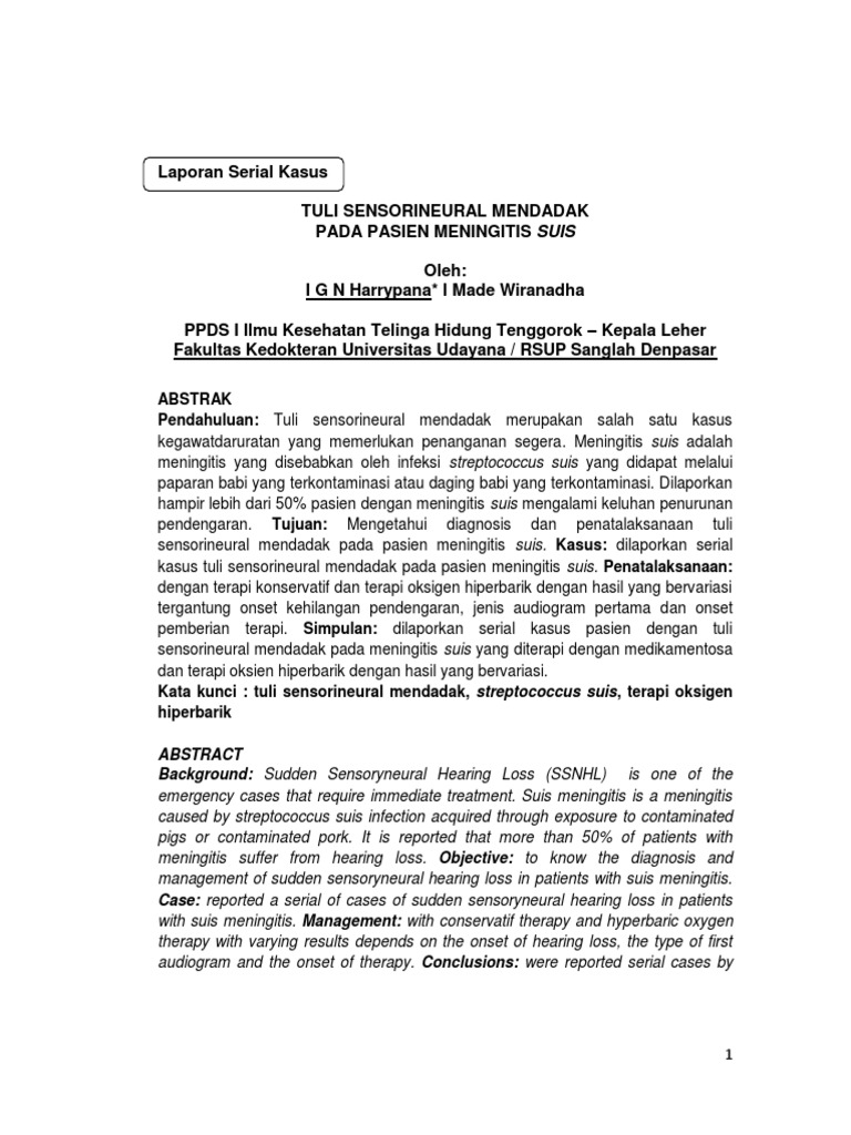Tuli Sensorineural Mendadak Pada Meningitis Suis | PDF