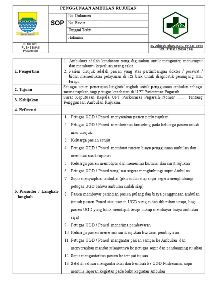 Sop Penggunaan Ambulance Rujukan PDF | PDF