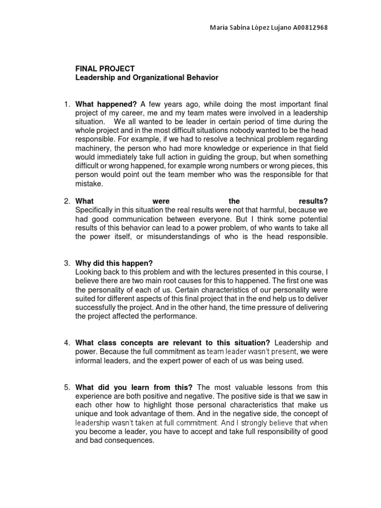 Final Project Leadership and Organizational Behavior | PDF | Leadership ...