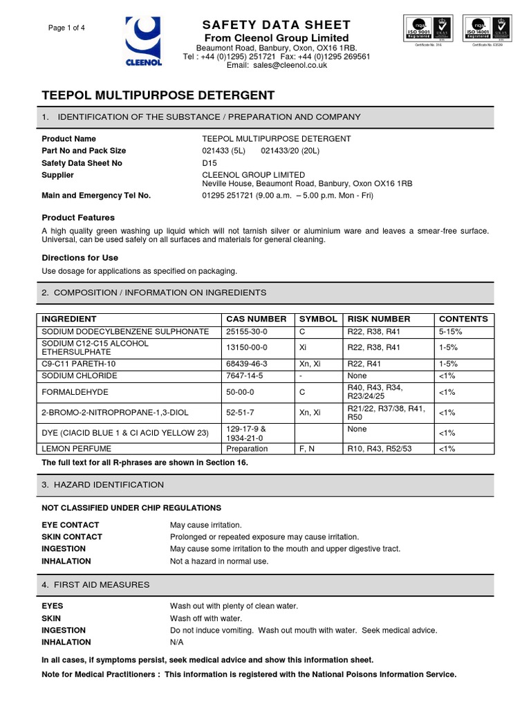 Safety Data Sheet for TEEPOL Multipurpose Detergent | PDF | Toxicity ...