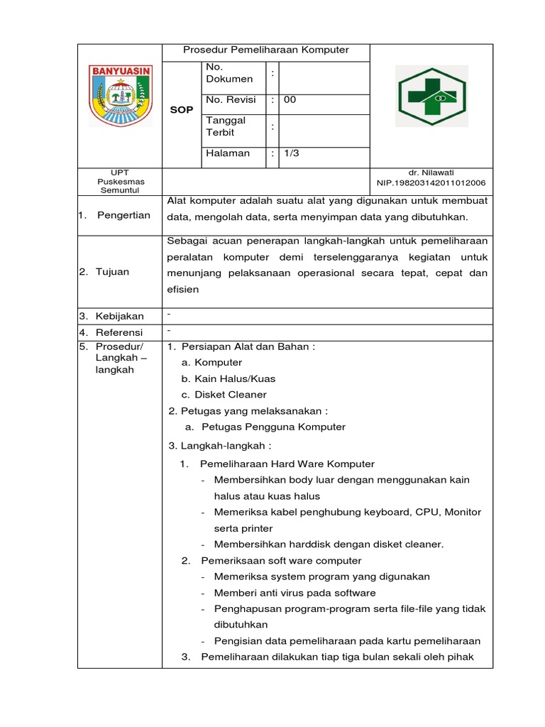 SOP Pemeliharaan Komputer | PDF | Bisnis | Komputer