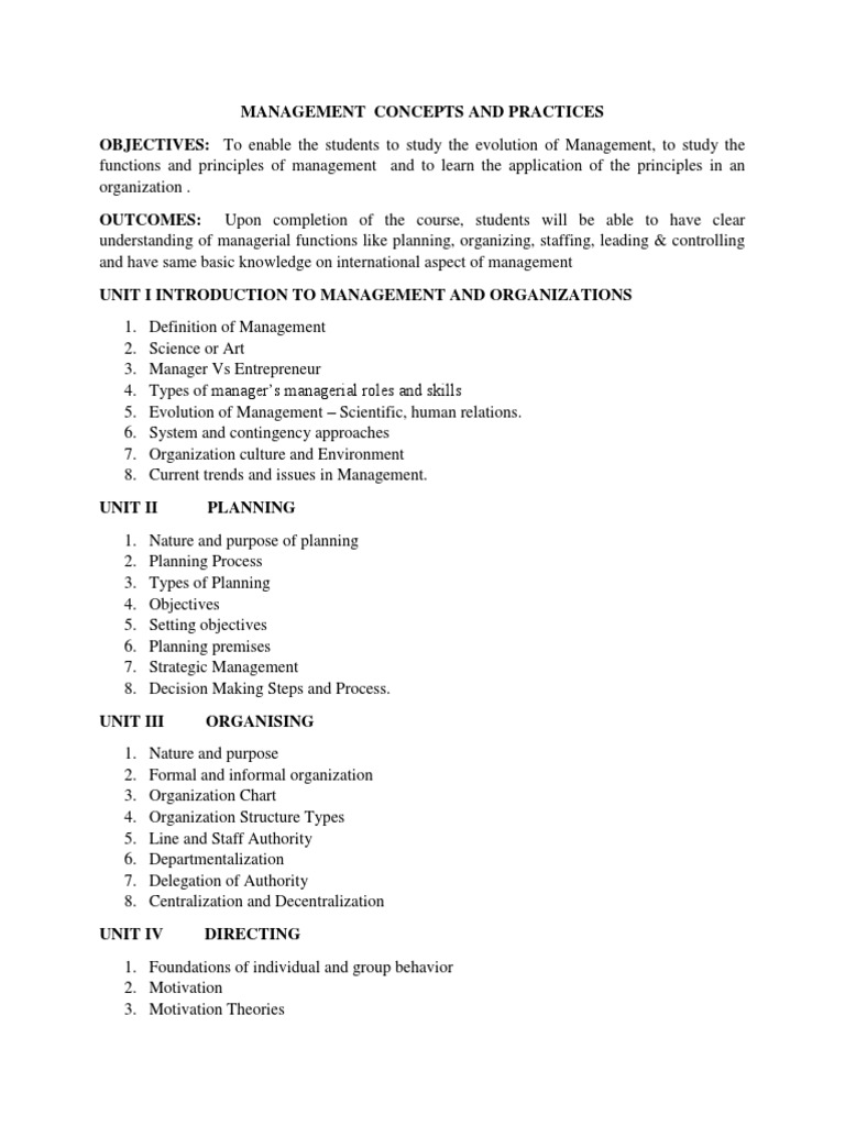 Management Concepts and Practices - Syllabus | PDF | Motivation | Motivational