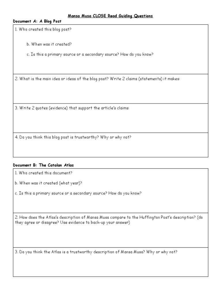 Mansa Musa Close Read Guiding Questions | PDF