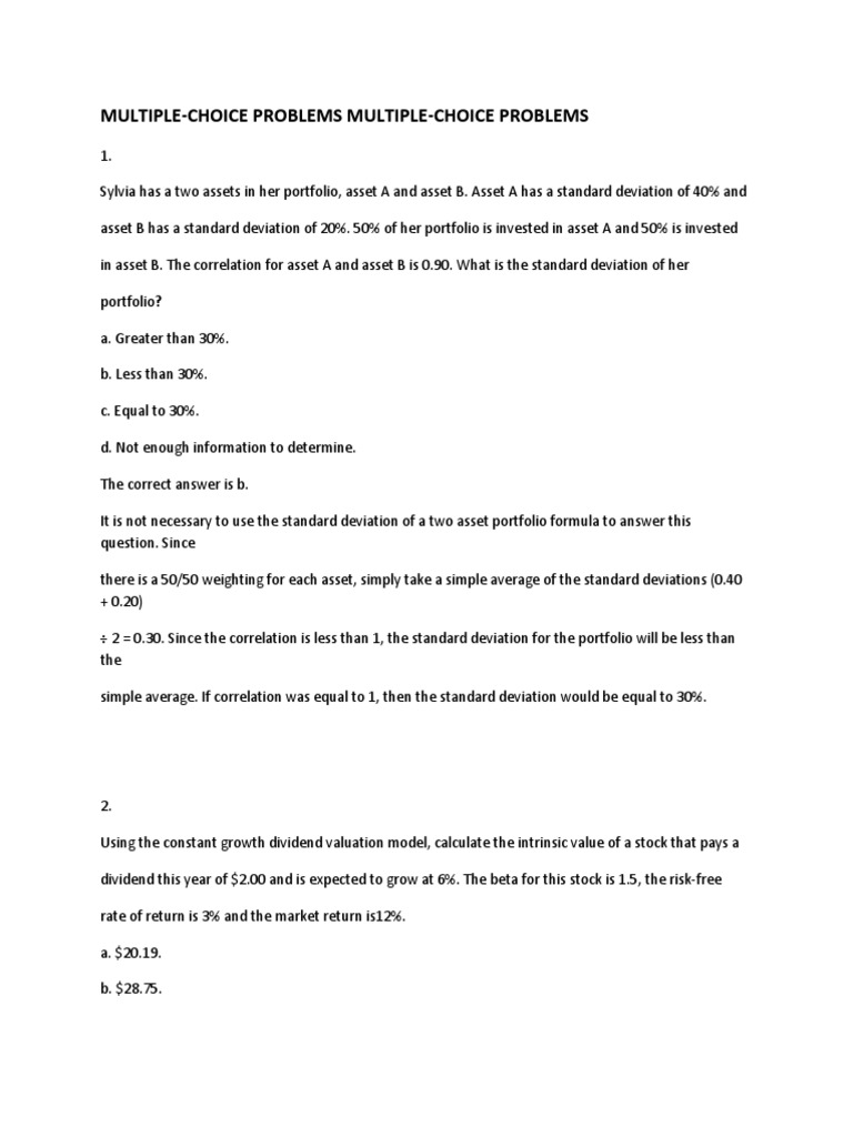 Chapter 9 Multiple Choice Questions | PDF | Beta (Finance) | Financial Risk