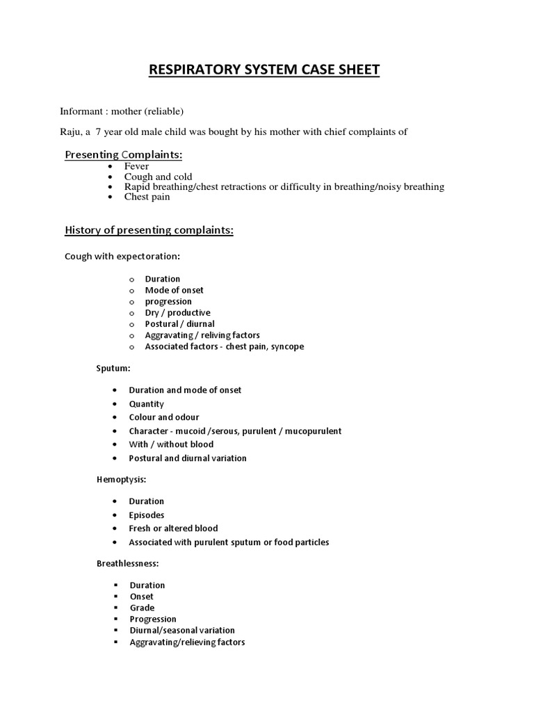 Respitatory System Case Proforma | PDF | Thorax | Diseases And Disorders