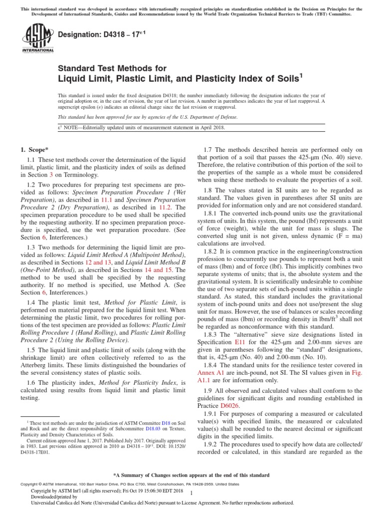 ASTM D4318-17-Liquid Limit, Plastic Limit, and Plasticity Index of ...
