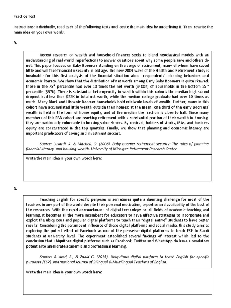 Practice Test - Main Idea | PDF | Multilingualism | Wealth