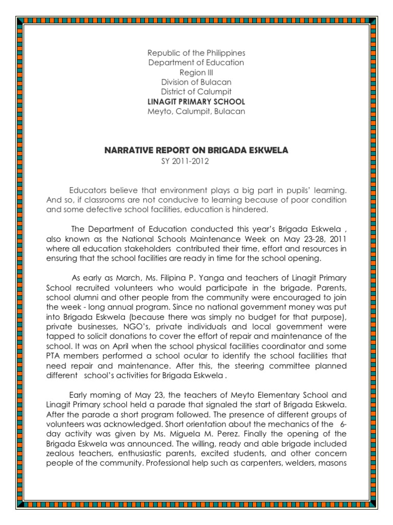 Narrative Report On Brigada Eskwela | PDF | Classroom | Behavior Modification
