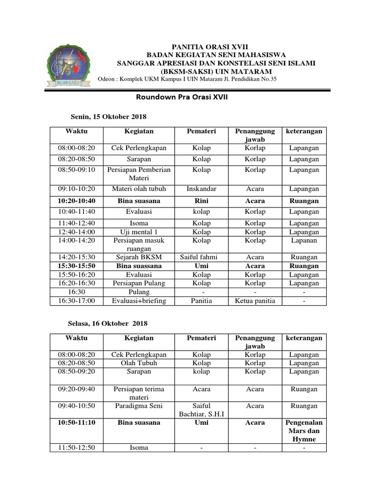 Contoh Rundown Acara Pelatihan Seni | PDF