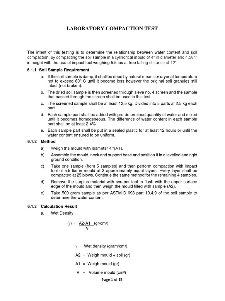 Laboratory Compaction Test: 6.1.1 Soil Sample Requirement | PDF ...