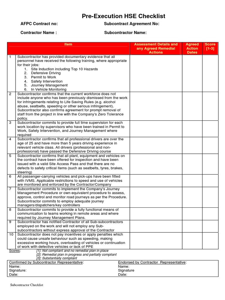 Subcontractor Checklist | PDF | Driving | Vehicles