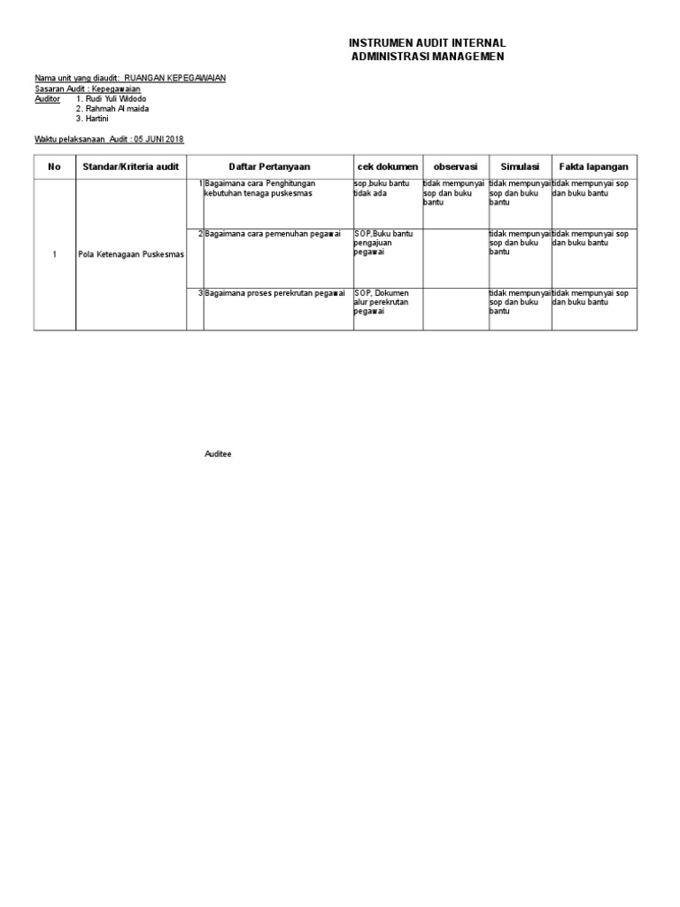 Instrumen Audit Internal Admen | PDF