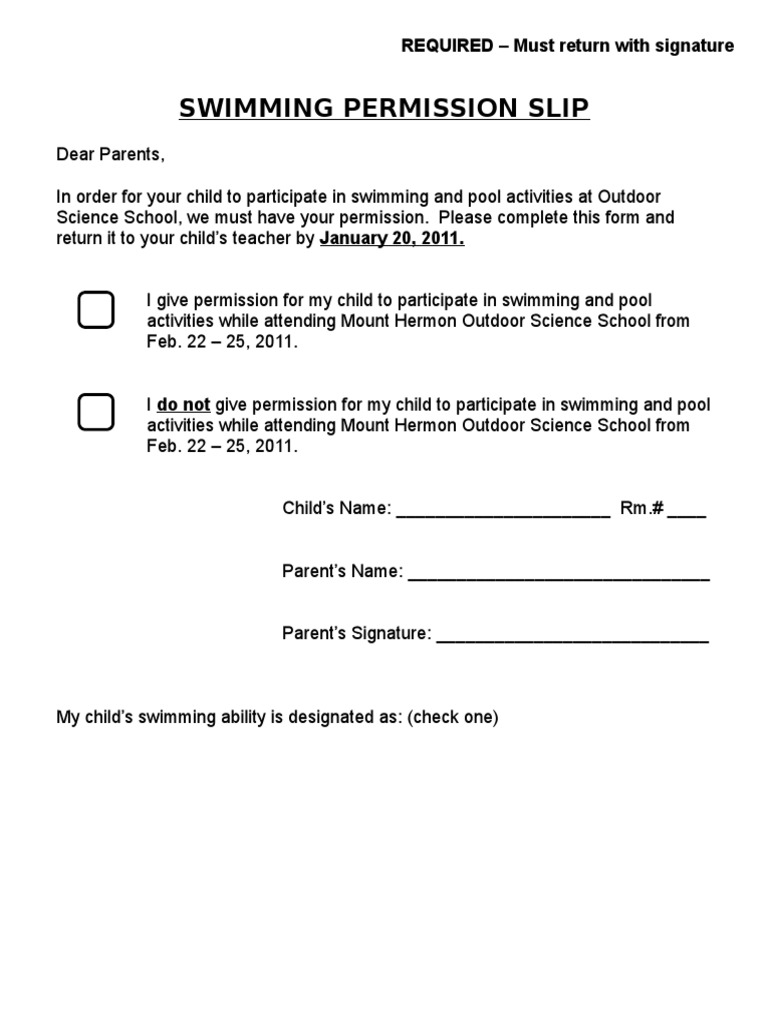Swimming Permission Slip: REQUIRED - Must Return With Signature | PDF