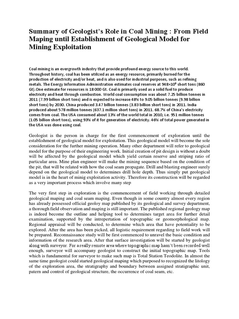 Summary of Geologist's Role in Coal Mining: From Field Maping Until ...