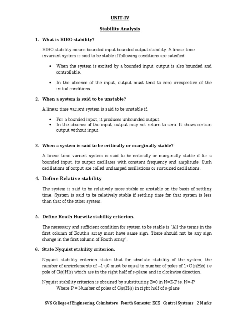 Unit-Iv Stability Analysis: 1. What Is BIBO Stability? | PDF | Stability Theory | Mathematical ...