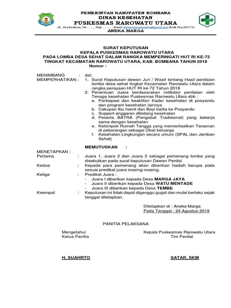 Contoh Sk Pemenang Lomba Doc Demikian Berita Acara Penetapan Pemenang ...