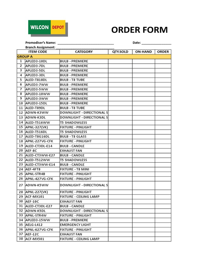 WILCON Order Form Group B | PDF | Flashlight | Incandescent Light Bulb
